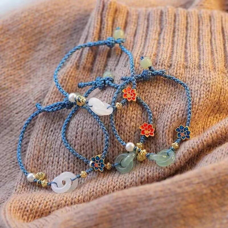 Ethnic Style Flower Lotus Jade Pearl Braided Bracelets Adjustable Woven ...