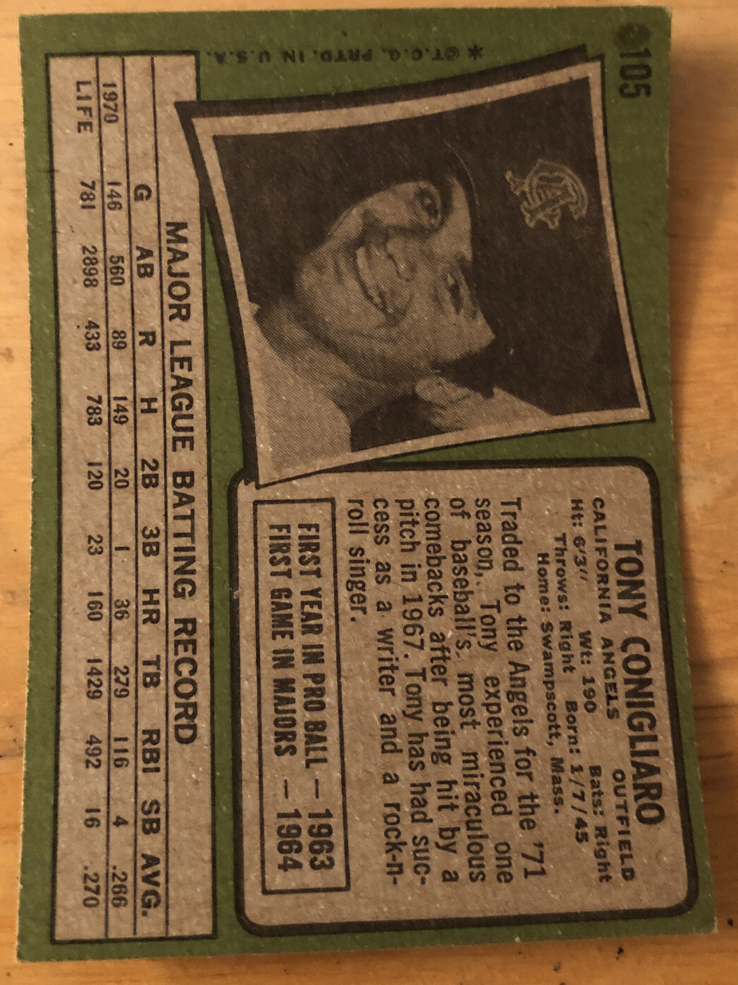1971 Topps Tony Conigliaro Baseball Card #105 Angels Outfield Low-Grade ...