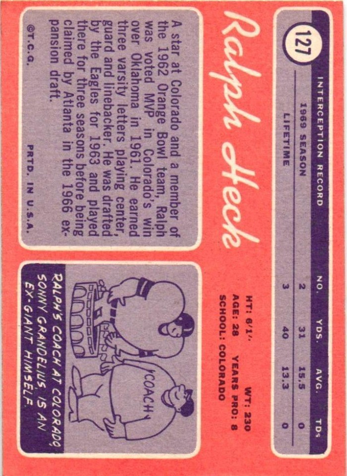 RALPH HECK 1970 Topps Football #127 FREE SHIPPING B14R2S27P21 | eBay