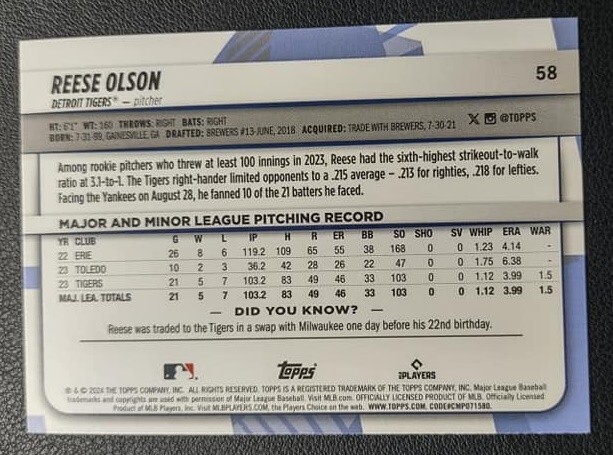 2024 Topps Big League #58 Reese Olson RC - Detroit Tigers | eBay