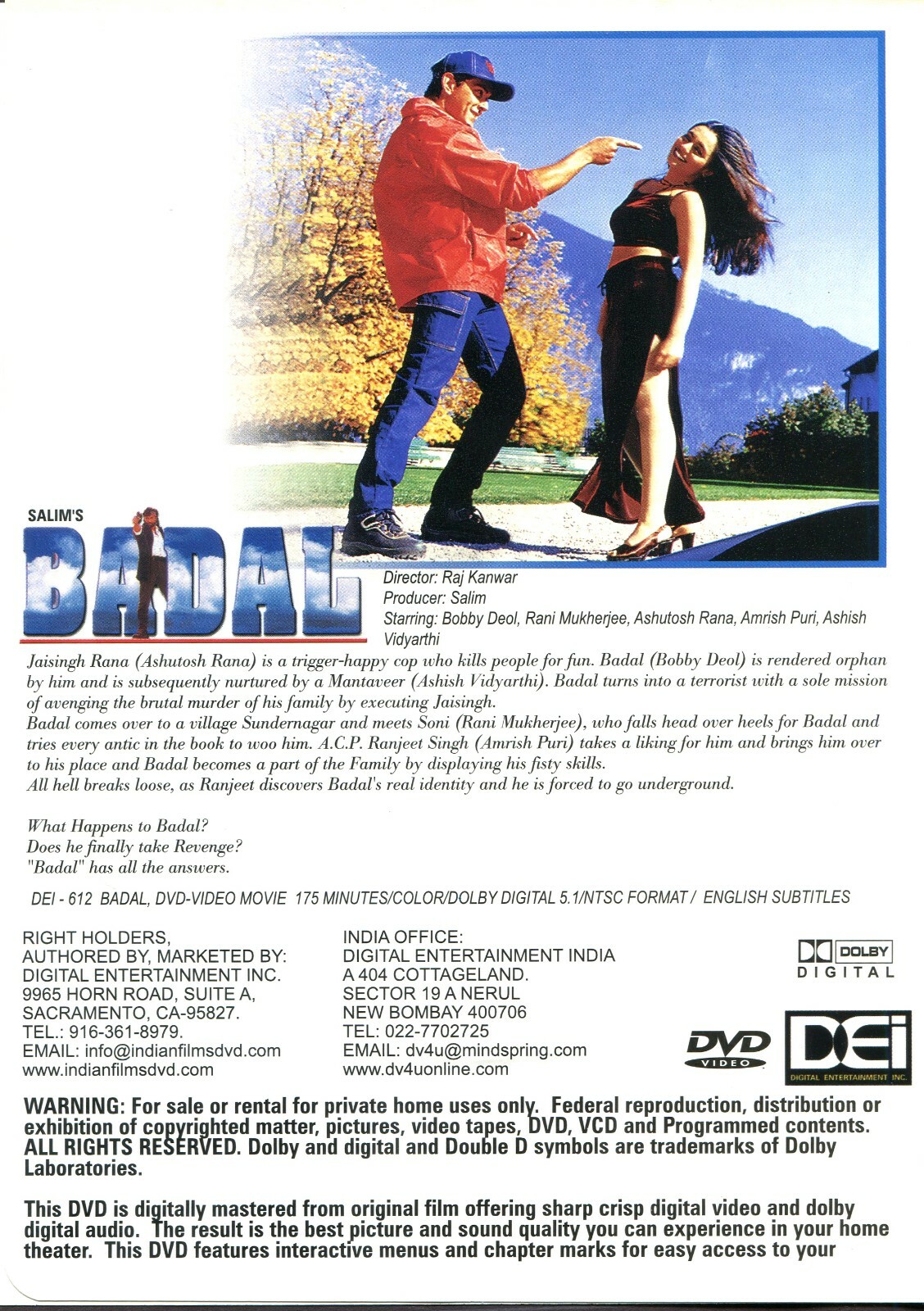 DVD- Salim's Badal- Raj Kanwar- Bobby Deol- Rani Mukherjee- 2000 DEI ...