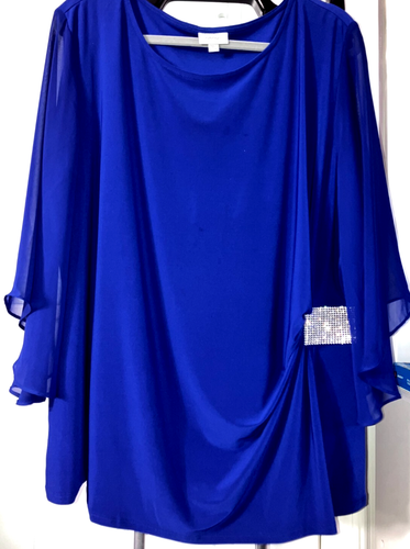 FANCY 2X AVENUE BLUE RHINESTONES SLINKY TOP FANCY BLOUSE SHEER SLEEVES ...