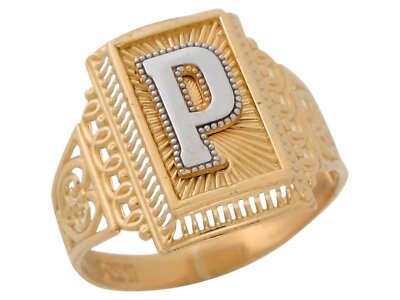 10k or 14k Two Tone Gold Letter P Filigree Band Ladies Rectangular ...