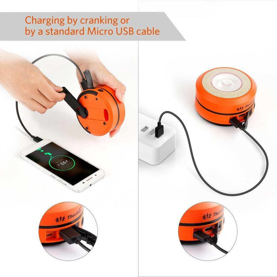 Thorfire LED Camping Lantern Lights Hand Crank USB Rechargeable Orange ...
