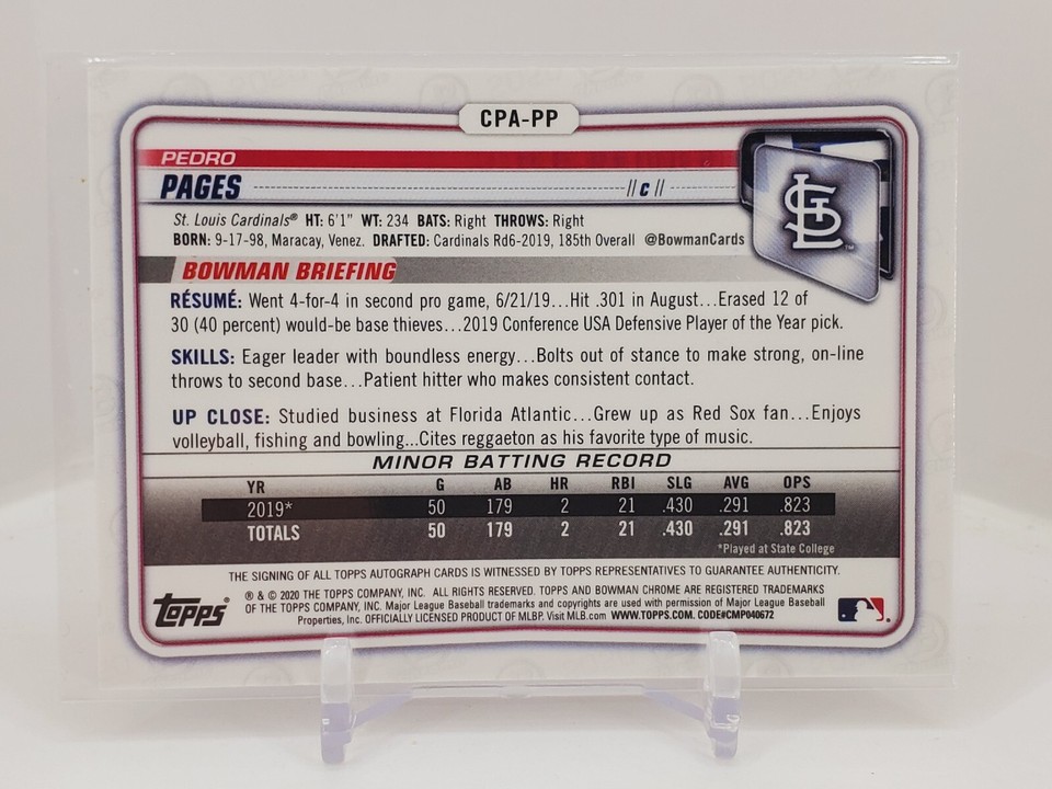 2020 Bowman Chrome 1st Pedro Pages Base Auto Cardinals ROOKIE RC ...