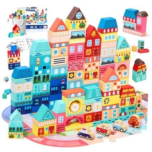 100 PCS Wooden Building Blocks Set - City Builder Stacking Toy with ...