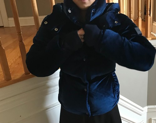 Beautiful down navy blue velvet woman sam winter coat. Puffer / Bomber ...