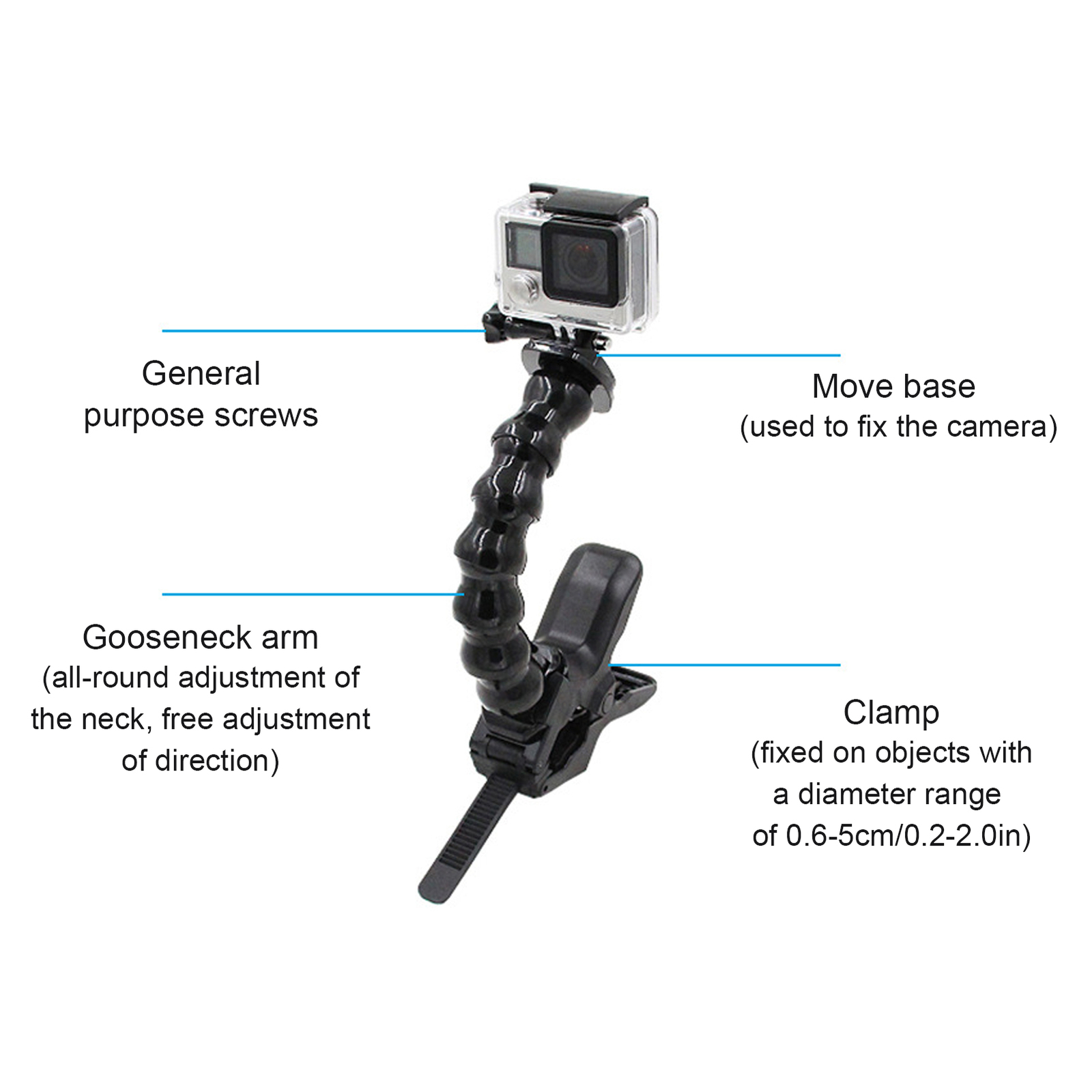 Action Camera Flexible Clamp Mount With Adjustable 8 Section Gooseneck ...