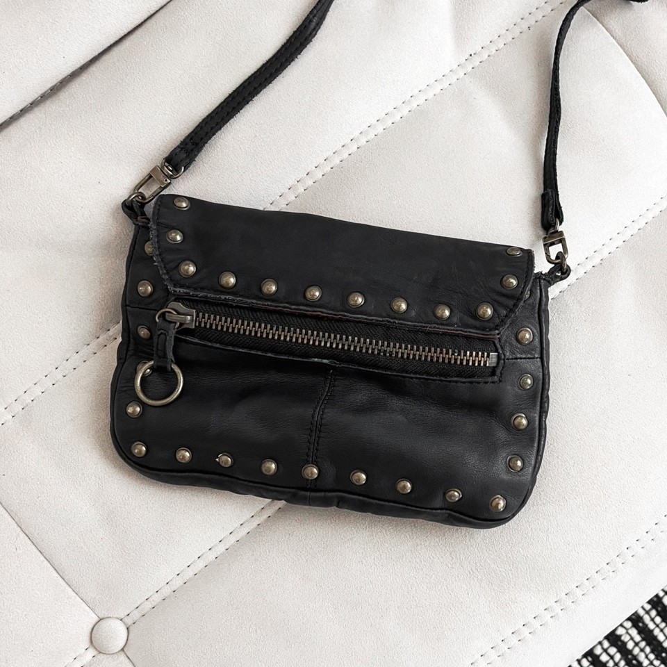 Vintage Linea Pelle Collection Black Leather Studded Shoulder Crossbody ...
