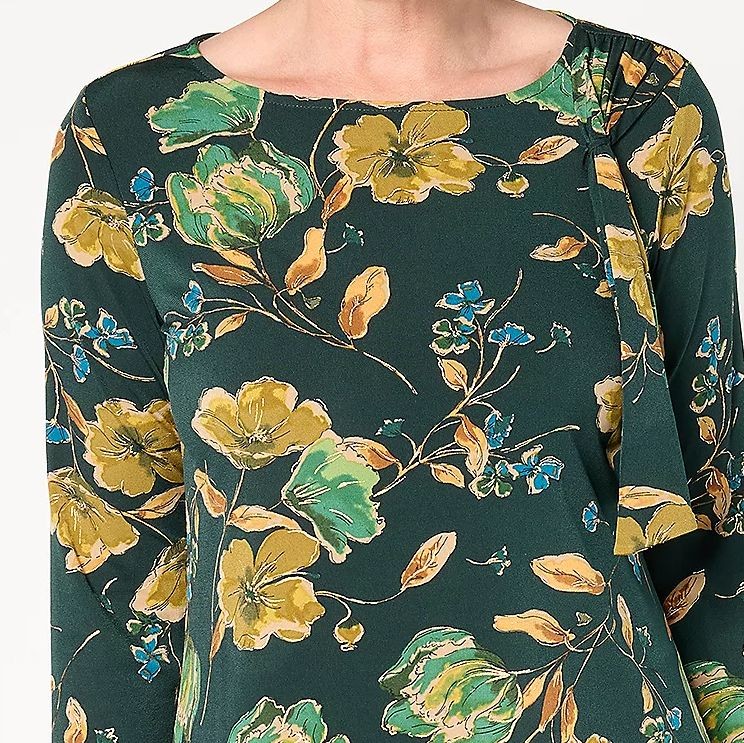 Susan Graver Size 4X Pine/Citron Foil Printed Liquid Knit LS Top w/ Tie ...