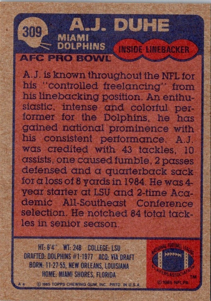 1985 Topps A.J. Duhe #309 Miami Dolphins Football Card | eBay
