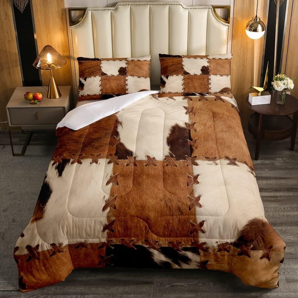 Cowhide Bedding Sets Patchwork Cow Fur Print Comforter Farm Western ...