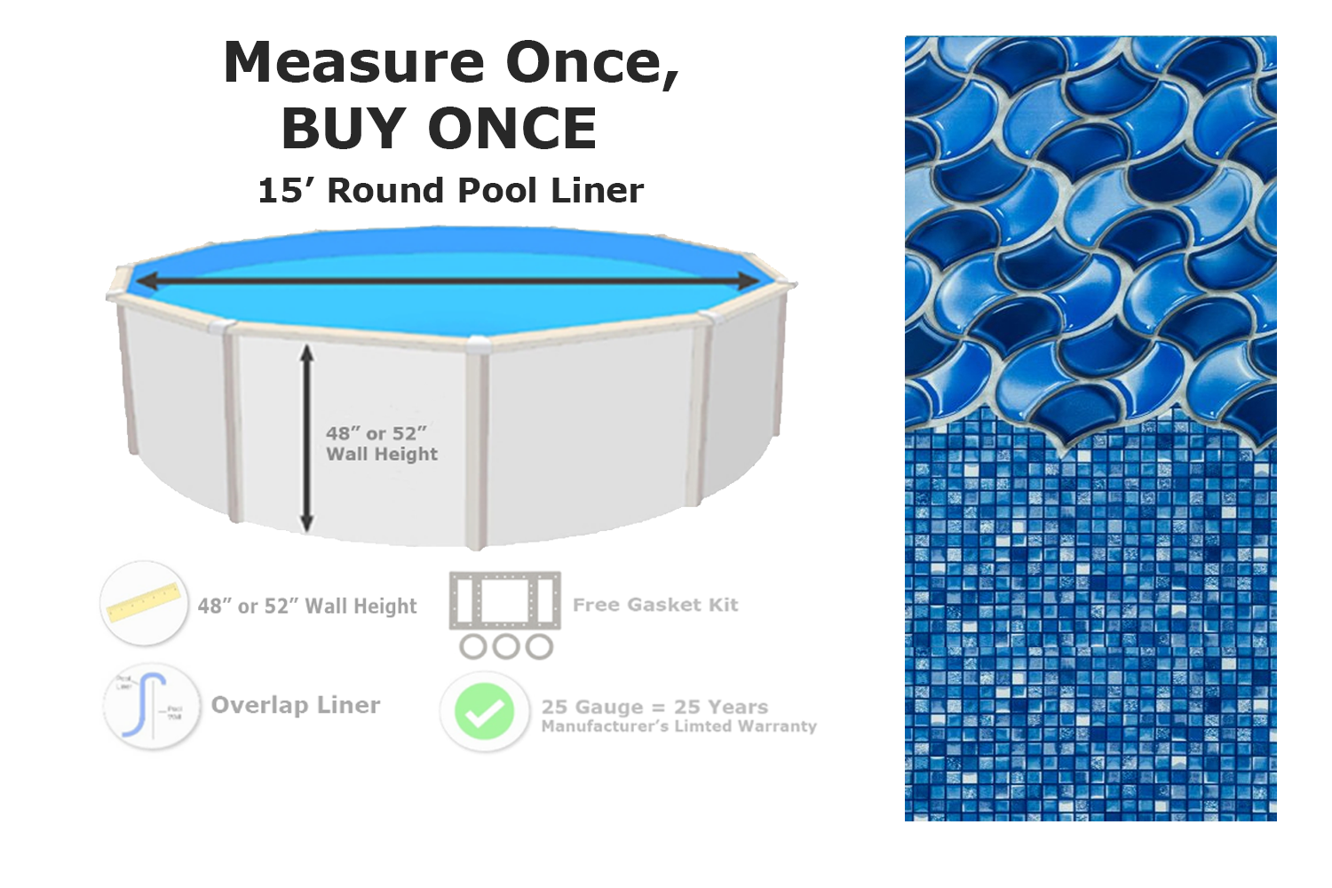 15' Round 25 Gauge Overlap Above Ground Swimming Pool Liner - (Choose ...