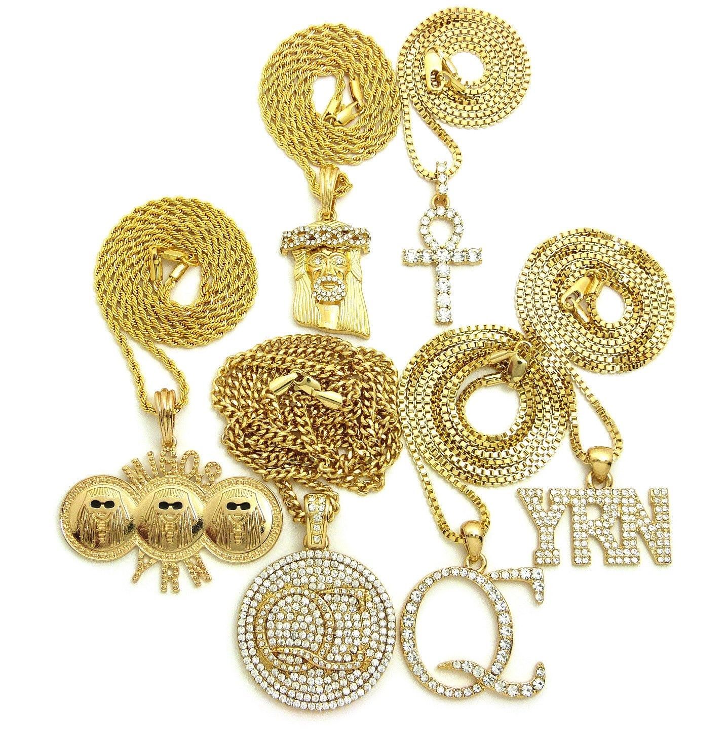 HIP HOP ICED GOLD PLATED MIGOS QC YRN JESUS ANKH 6 CHAIN NECKLACE COMBO ...