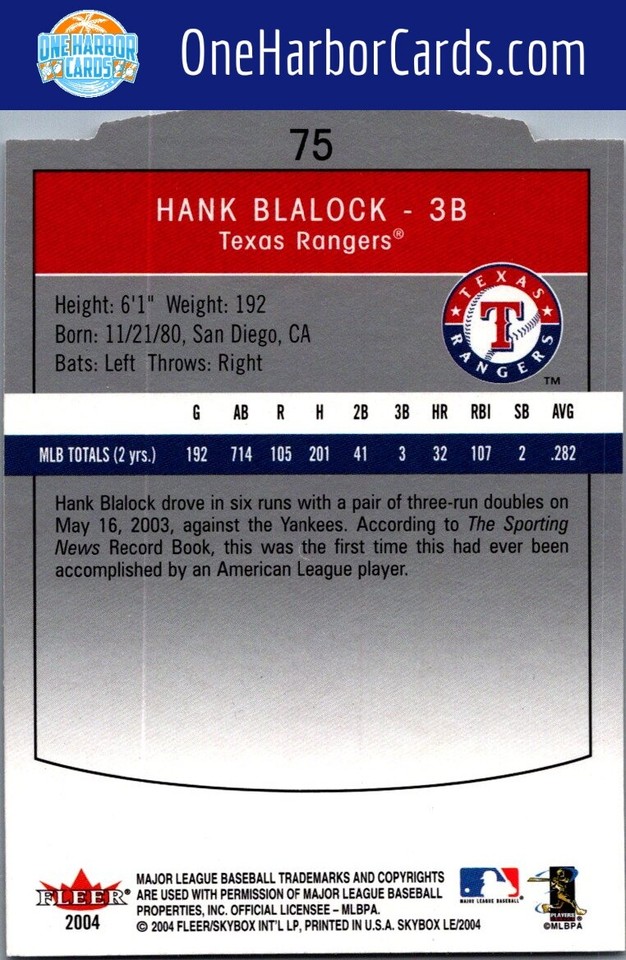 2004 SkyBox LE Texas Rangers Baseball Card #75 Hank Blalock | eBay