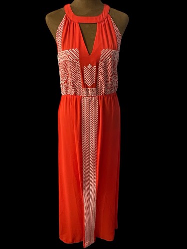 THML Bright Orange Lava Red Embroidered Halter Summer Dress Women’s ...