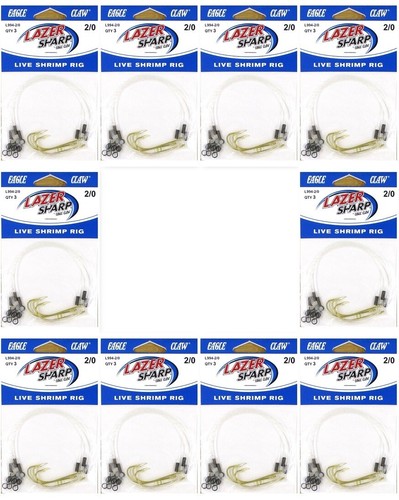 (10) Packs Eagle Claw Lazer Sharp Fishing Live Shrimp Rigs 2/0 Hooks ...