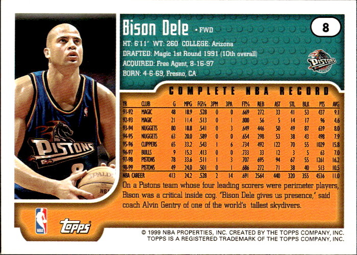 1999-00 Topps Bison Dele 8 Detroit Pistons | eBay