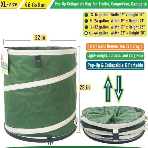 46 Gallon Collapsible Trash Can 22x28 in Hard-Shell Bottom Yard Garden ...