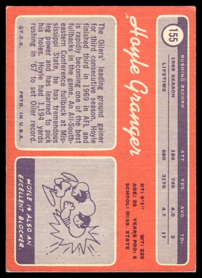 1970 Topps Hoyle Granger Rookie Houston Oilers #155 | eBay