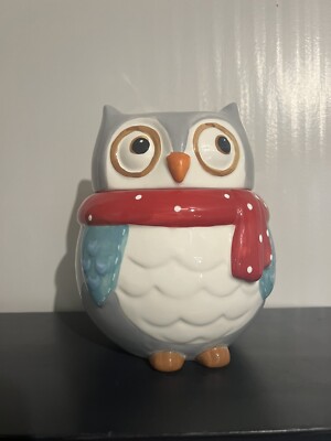 Gray Hoot Owl Cookie/Treat Jar Red Polka Dot Scarf 2012 | eBay