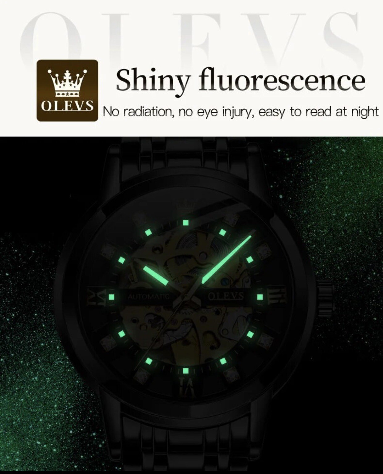 OLEVS Automatic Mechanical Wristwatch Stainless Steel New Skeleton Gold ...