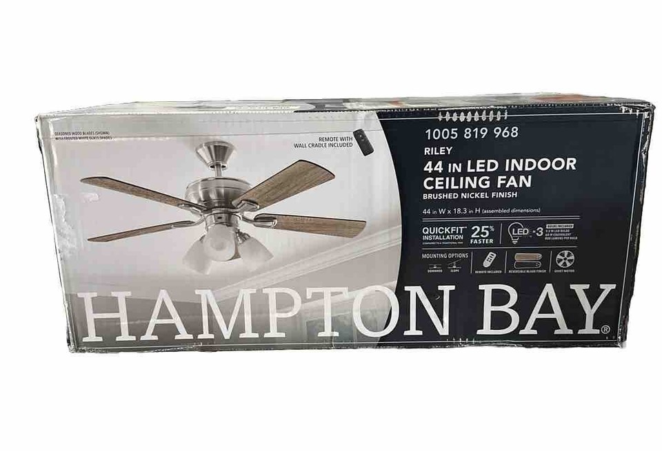 Hampton Bay Riley 44 in. Indoor LED Brushed Nickel Ceiling Fan w/ Light ...