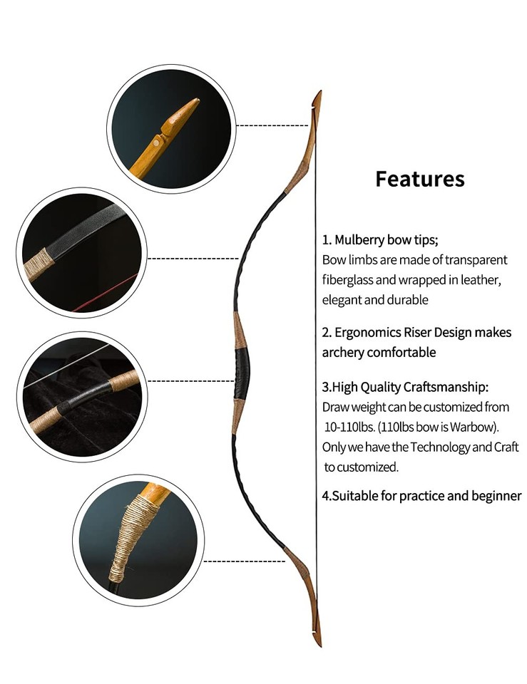 Hungarian Style Handmade Longbow Flagella Recurve Horsebow Archery 30LB ...