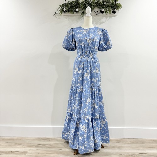 Wayf Blue Floral Tiered Puff Sleeve Boho Maxi Dress Cut Out Sides NEW ...