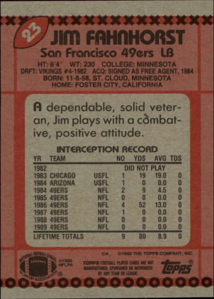 1990 Topps #23 Jim Fahnhorst 49ers | eBay