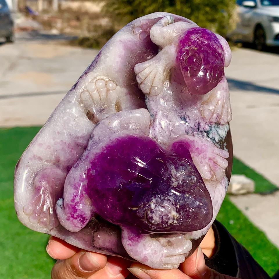 3LB Natural purple green fluorite cube hand carved frog crystal sample ...