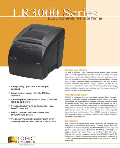 LOGIC CONTROLS LR3000U LR3000 THERMAL PRINTER,250MM/S USB W/ POWER ...