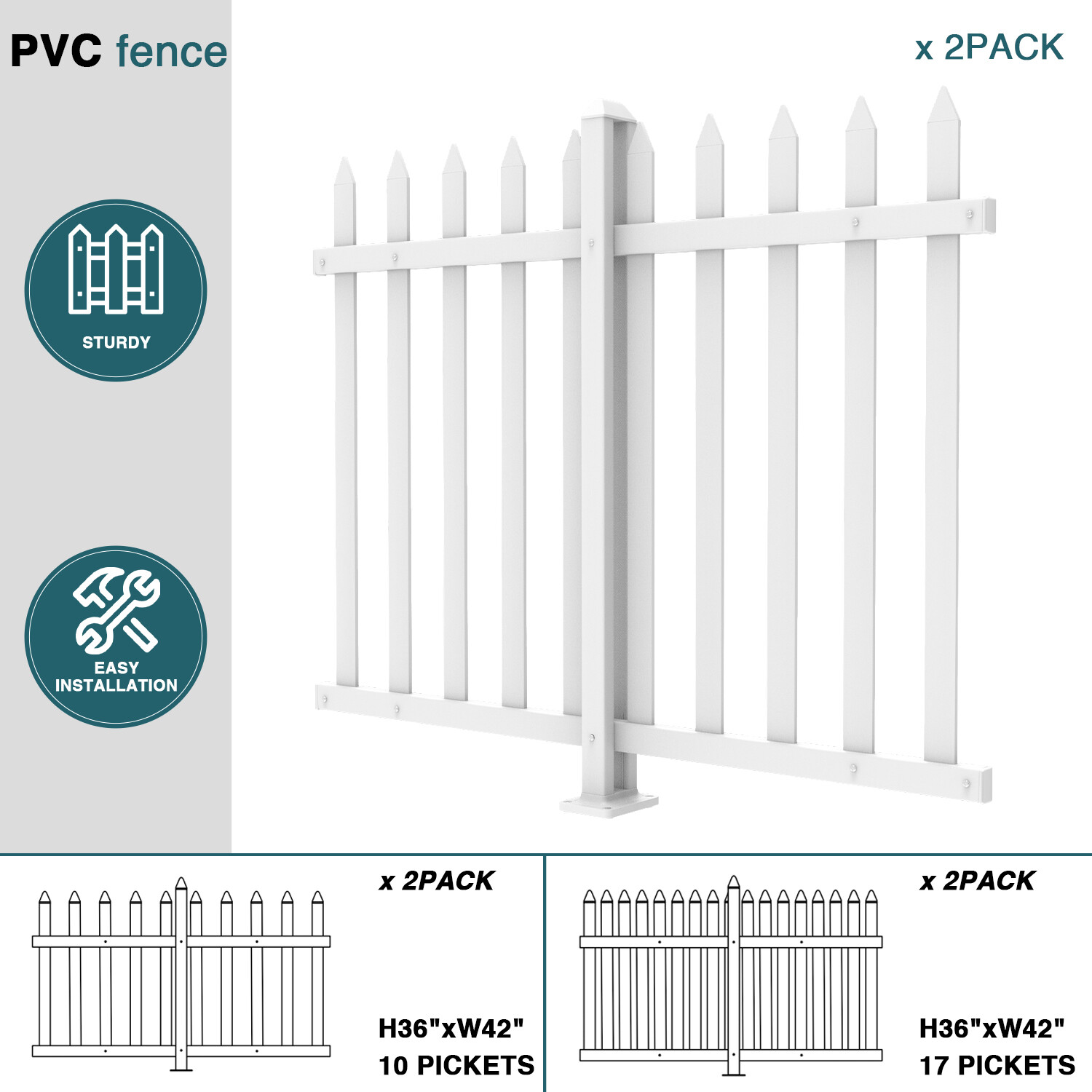 Vinyl Picket Fence PVC Panel White 84''Wx36''H Yard Garden Straight 20 ...
