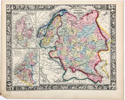 1864 RUSSIA - NORWAY - SWEDEN Map ORIGINAL (13.5X10.5) Holland Belgium ...