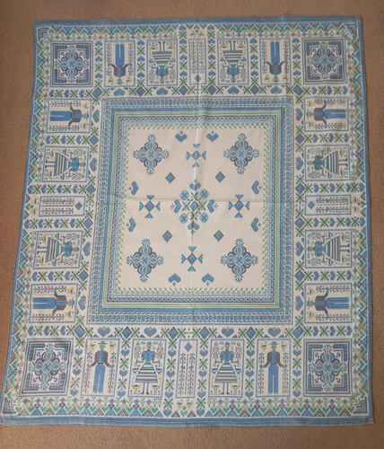 Tablecloth White Cotton with Blue Tile Pattern Border Rectangle W122 x ...