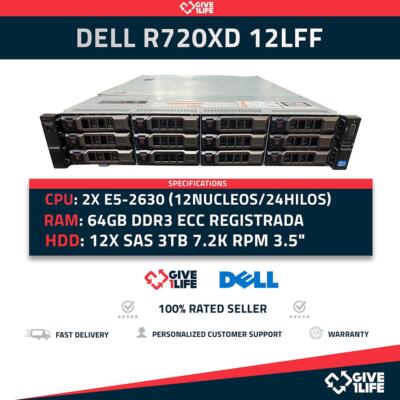 Servidor Rack DELL PowerEdge R720XD 12LFF 2xE5-2630+64GB+ 36TB+ 12CADDY ...