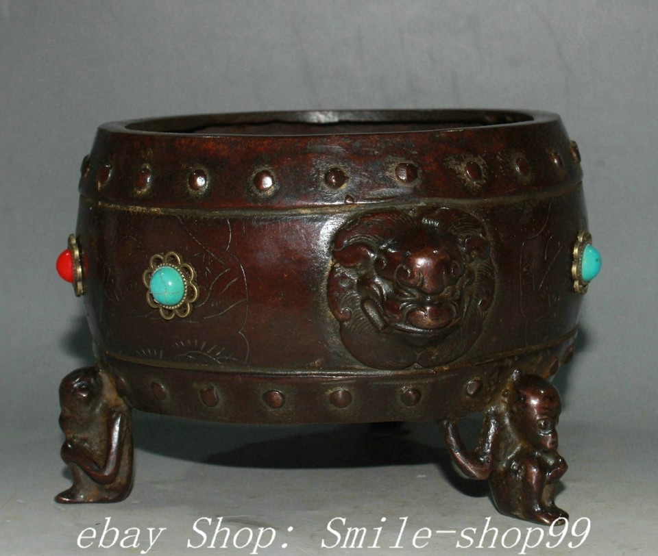 6" Old Dynasty Bronze inlay Gems 3 Leg Monkey Lion Head Incense Burner ...