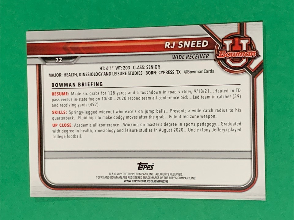 2022 Bowman University RJ Sneed 1st Bowman #72 Baylor Bears (Z) | eBay