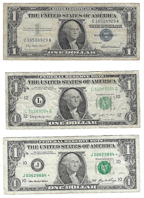 3-USA $1. BILLS- SILV CERTIF. 1957, JOSEPH W BARR 1963-B SERIES, STAR ...