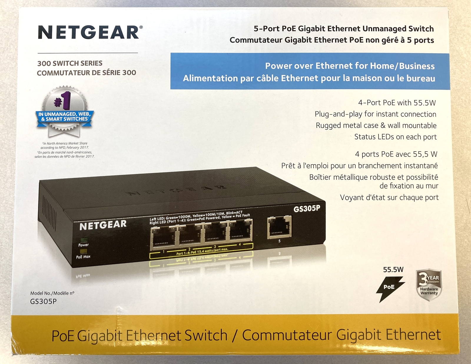 NETGEAR 5-Port Gigabit Ethernet Unmanaged PoE Switch GS305P 4xPoE @ 55W ...