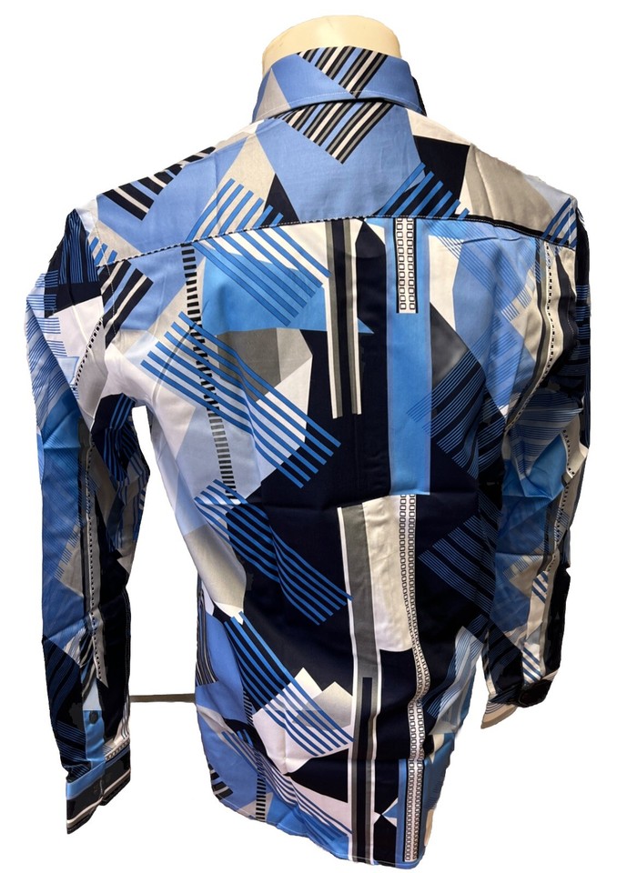 Mens STEELO COLORFUL Long Sleeve Button Up Dress Shirt Blue ABSTRACT ...
