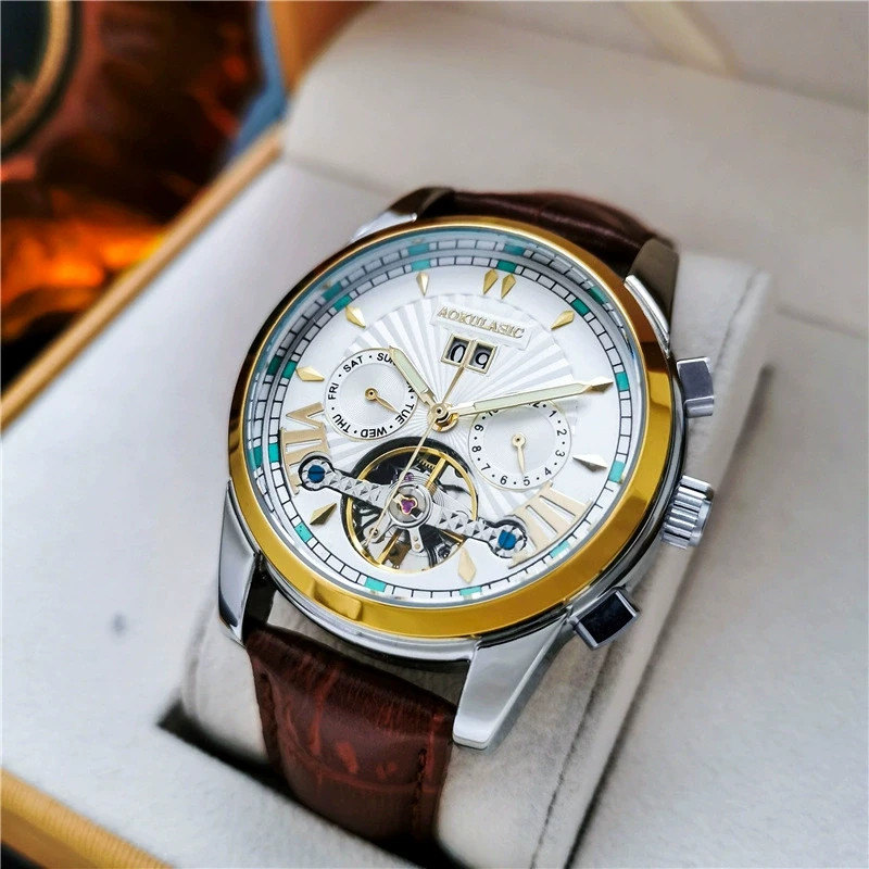 Men Automatic Mechanical Watch Flywheel Skeleton Luminous Date Luxury ...