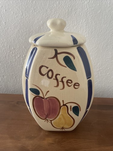 Purinton Pottery Slip Ware COFFEE Canister Jar Apple Pear BlueStripes 9 ...
