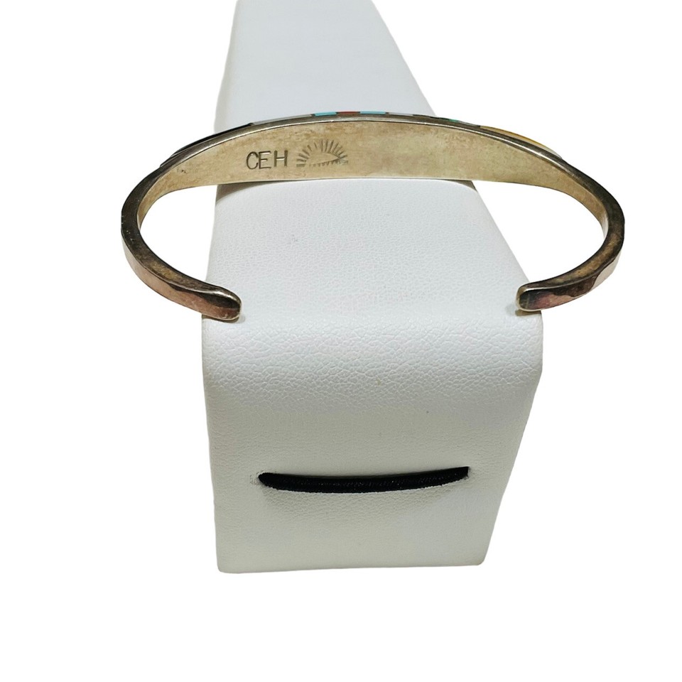 Sterling Silver Multi Stone Inlay Cuff Bracelet Turquoise Signed CEH | eBay