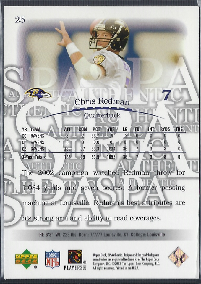 2003 SP Authentic Upper Deck #25 Chris Redman NM Football Card ...