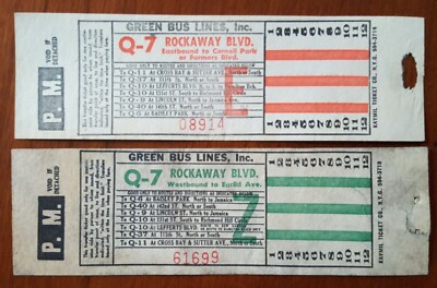 Green Bus Lines 2 Transfer Tickets * ROCKAWAY Blvd. * Q-7 * Queens New ...