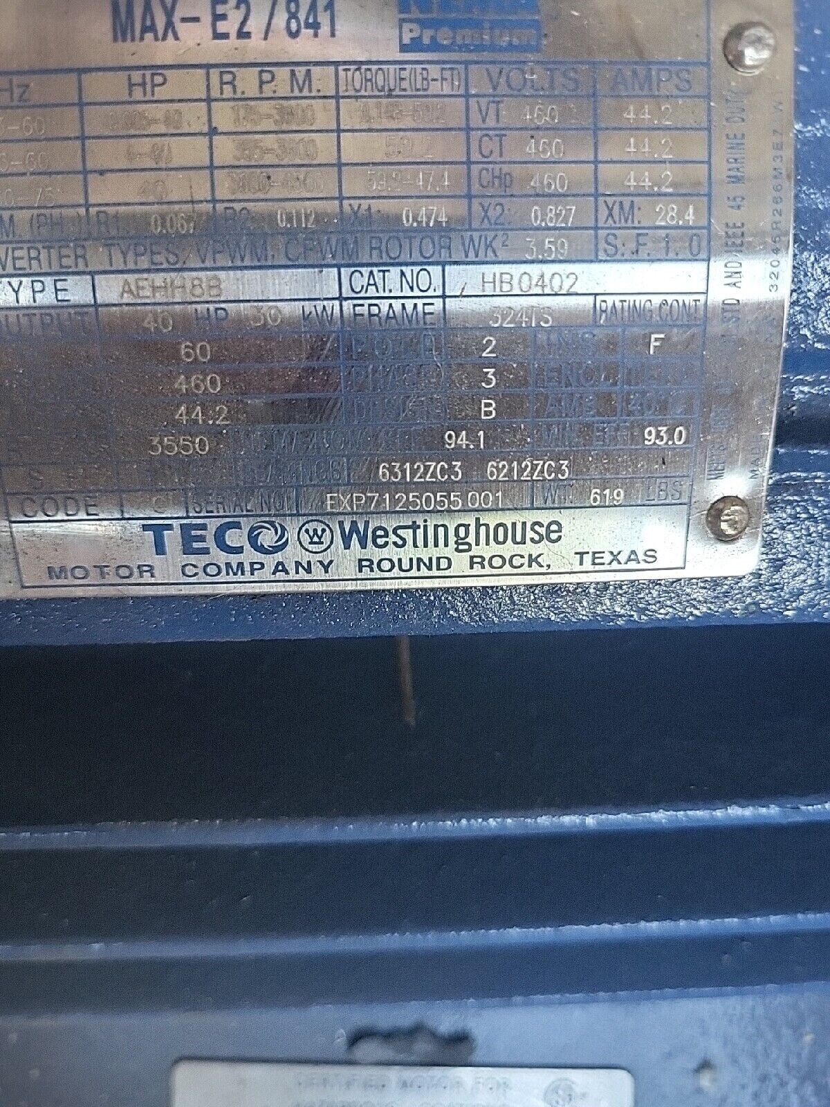 Teco-Westinghouse HB0402 AEHH8B MAX-E2/841 HP: 40 RPM: 3600 FRAME ...