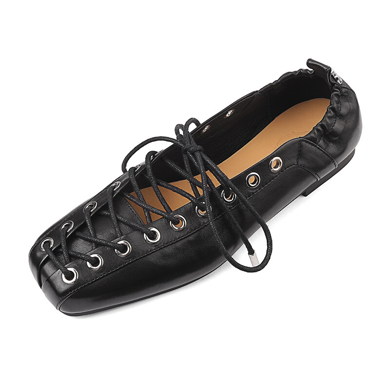 Women Square Toes Lace Up Flat Shoes Ballet Style Shoes Large Size ...