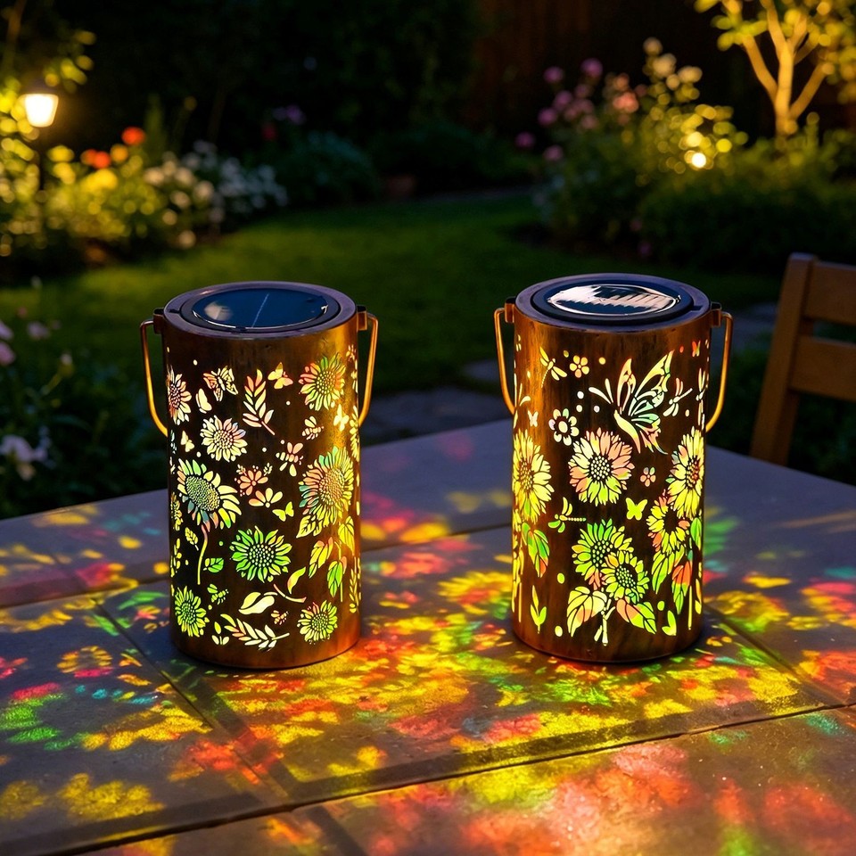 Iron Solar Lantern with Colorful Butterfly Flower Shadows for Garden ...