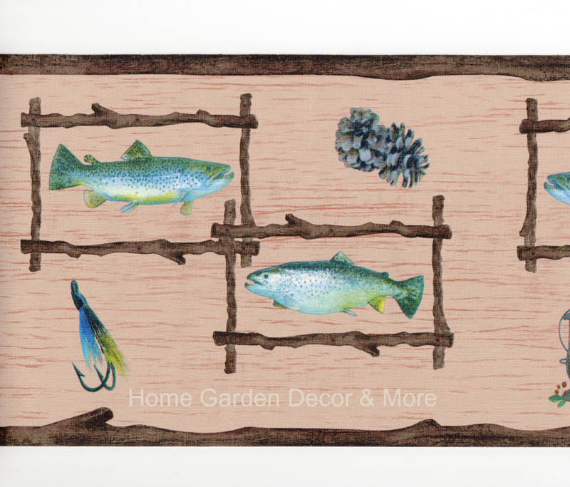 Fishing Salmon Trout Fish Cabin Wood Branch Frame Rustic Brown Wall ...